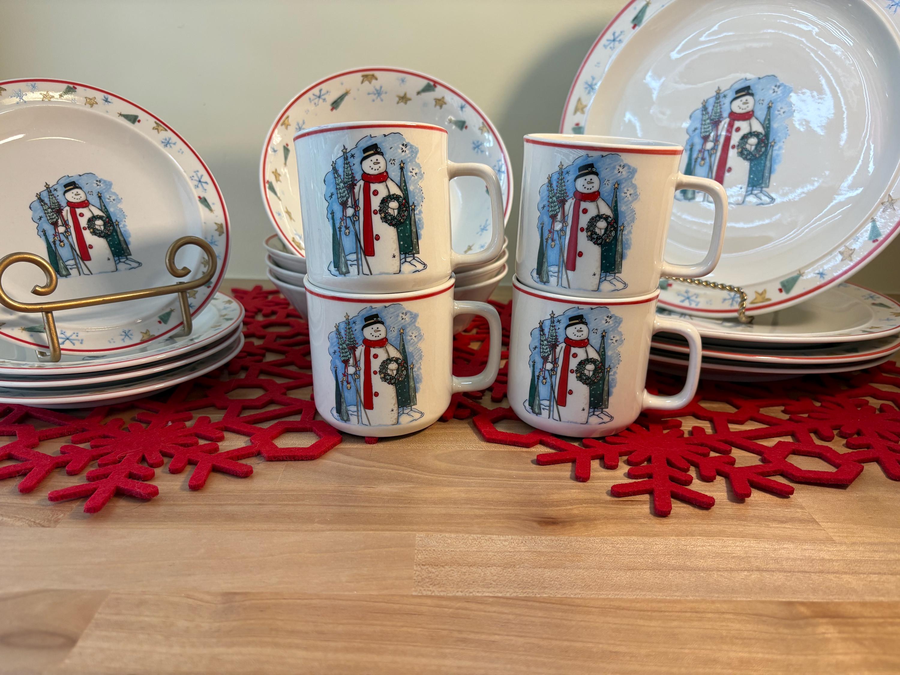Enchanted Forest Dinnerware Featuring Snowman in a Winter Forest 16 ...