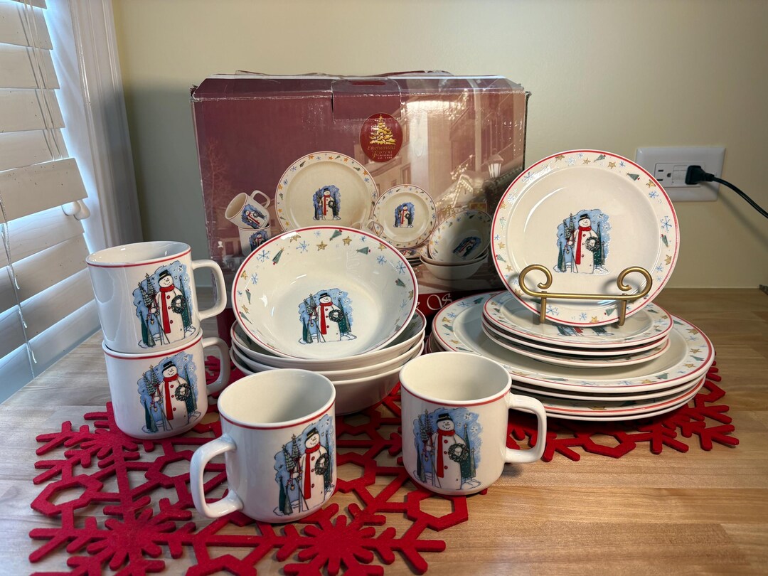 Enchanted Forest Dinnerware Featuring Snowman in a Winter Forest 16 ...
