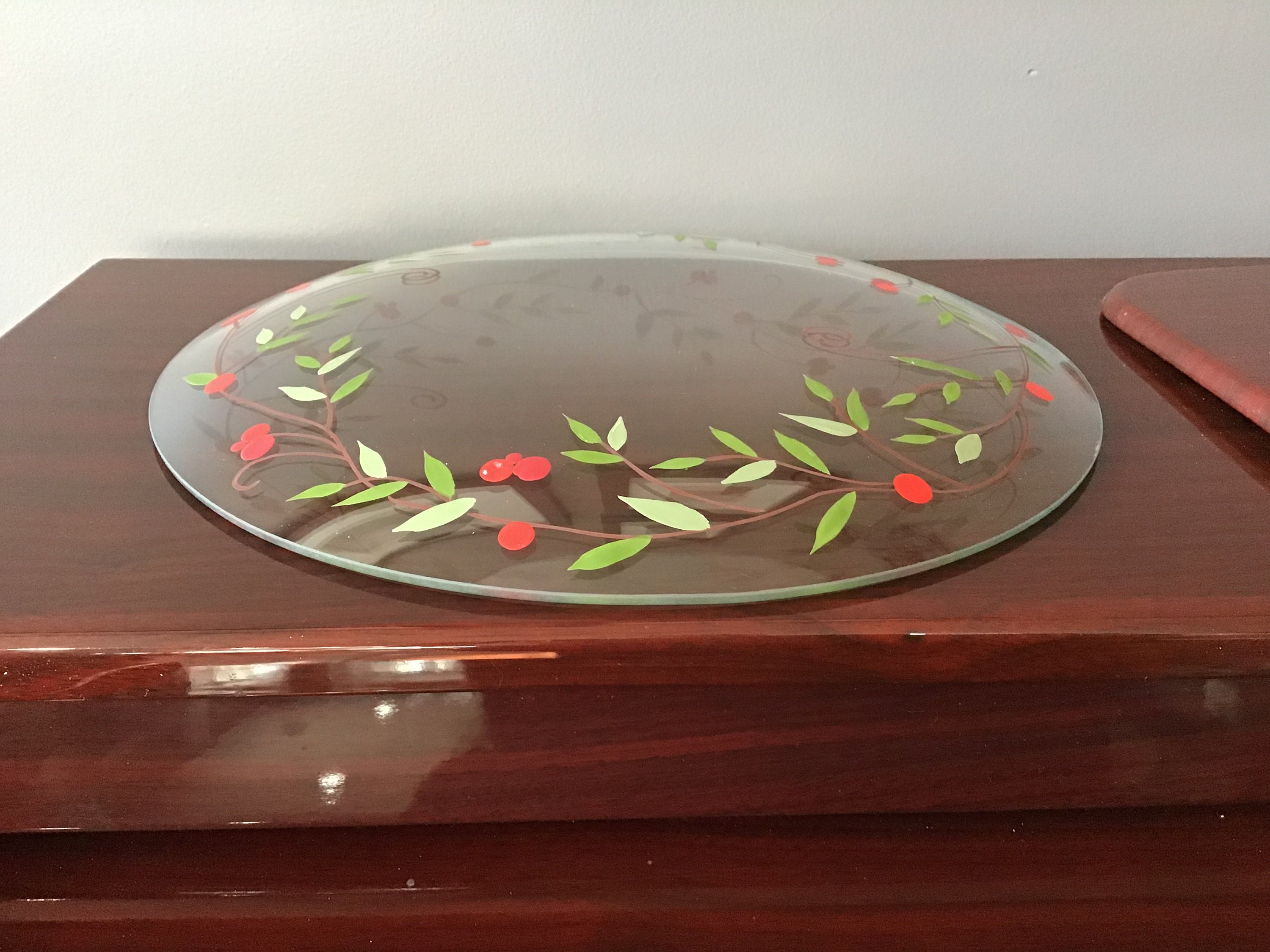 Retro Round Glass Holiday Platter With Painted Winterberry and Vine ...