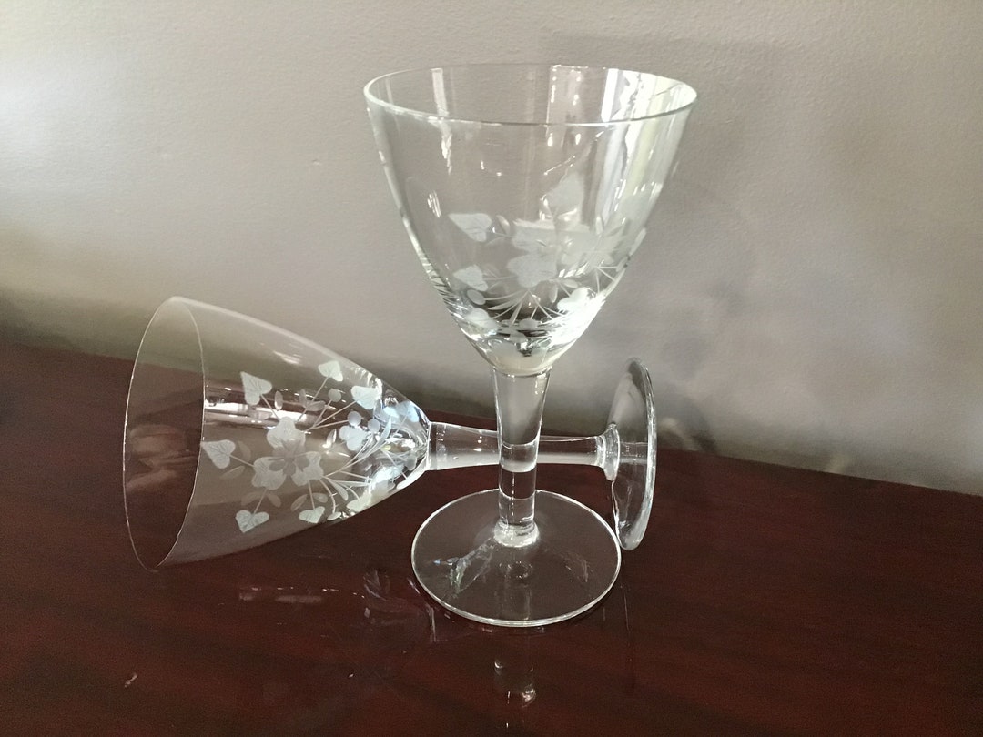 Vintage Crystal Etched Wine Glasses Set of Two With a Spray of Flowers ...