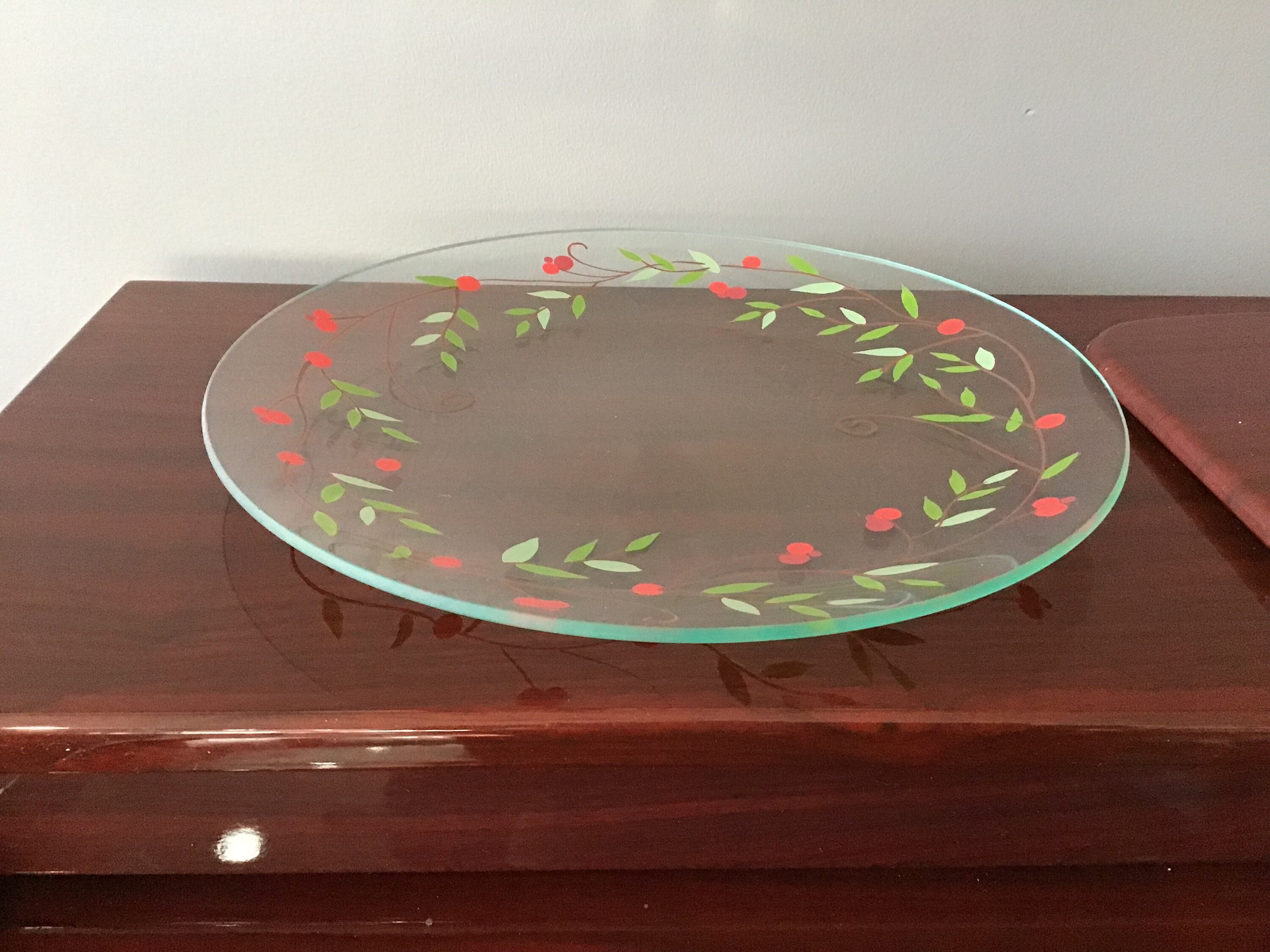 Retro Round Glass Holiday Platter With Painted Winterberry and Vine ...