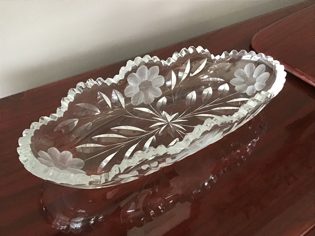 Vintage Oblong Rose Etched Crystal Oval Relish Dish With Saw Toothed ...