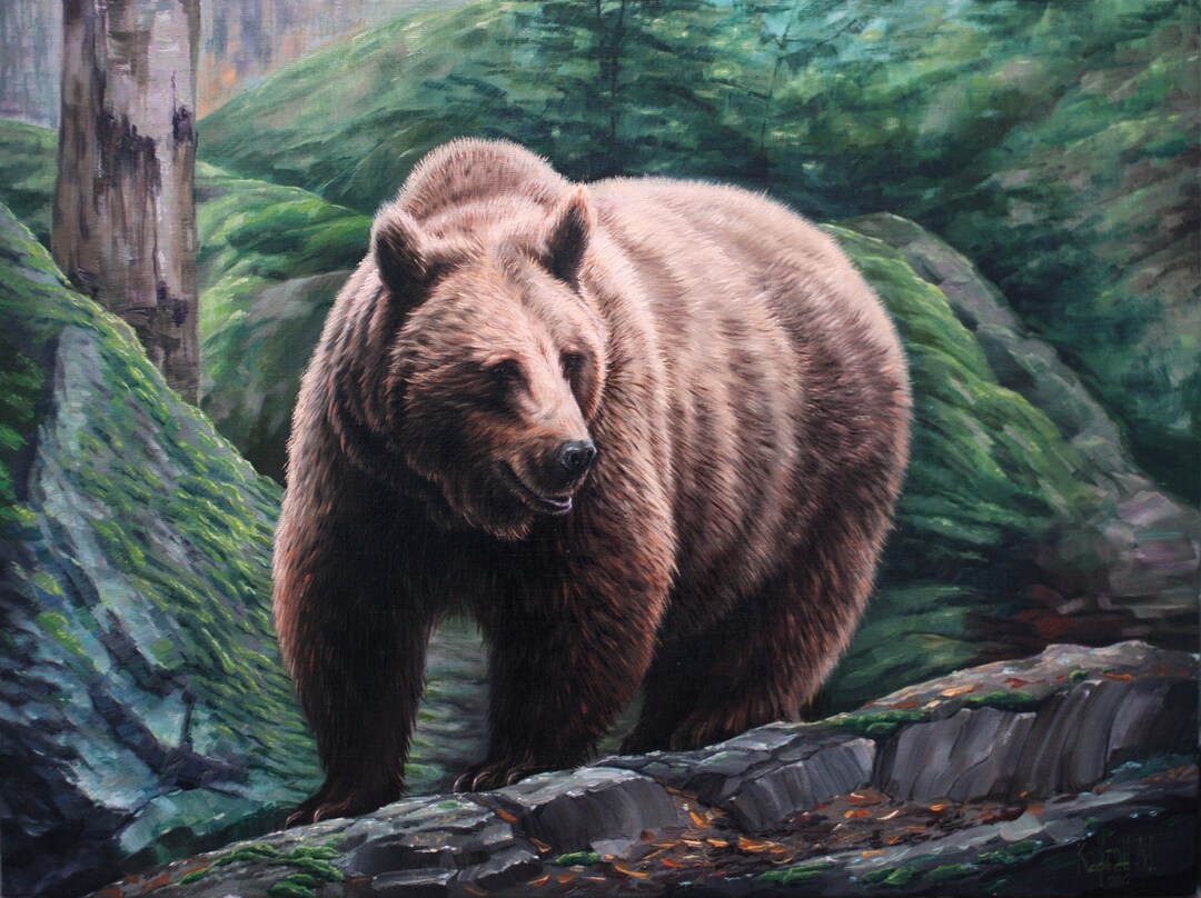 Mountain Landscape With a Bear, Wild Nature Art, Animals Painting, Gift ...