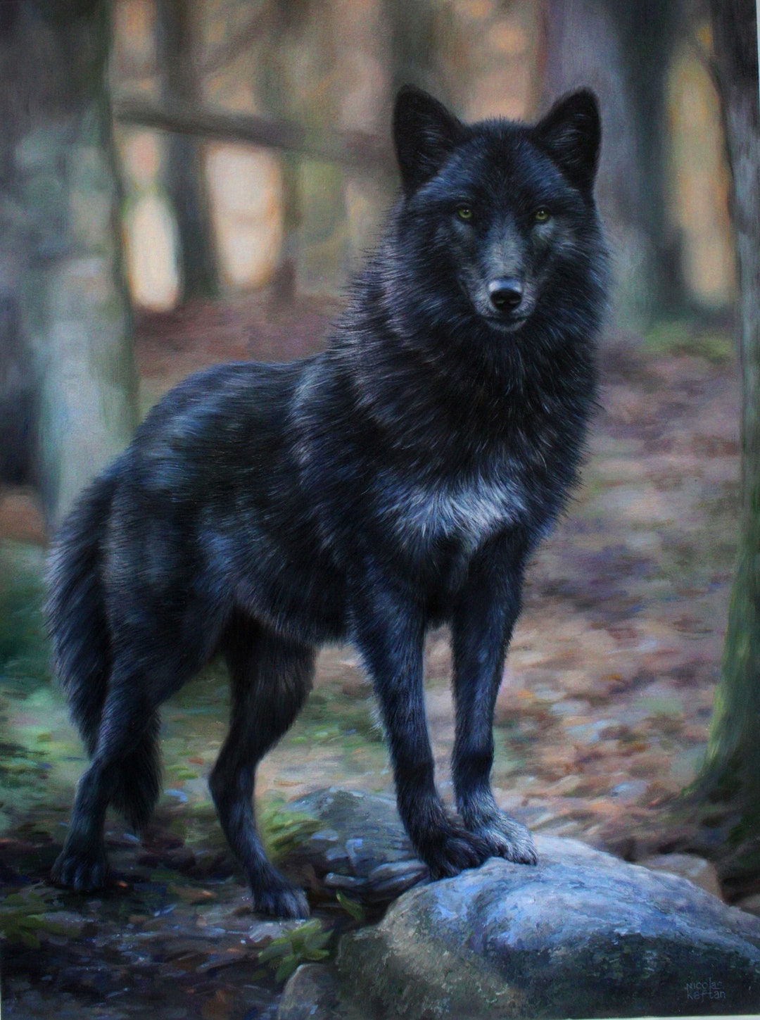 Black Wolf Painting, Mystical Animal Art, Hand Made Wolf Original ...