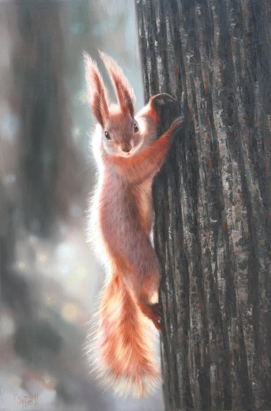 Squirrel on a Tree Art, Squirrel Oil Painting, Animals Realism Artwork ...