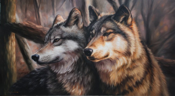 Wolves Wall Art Original Animals Painting on Canvas Gift for | Etsy