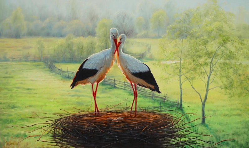 A Pair of Storks, Pair of Birds, Quality Art, Storks Oil Painting ...