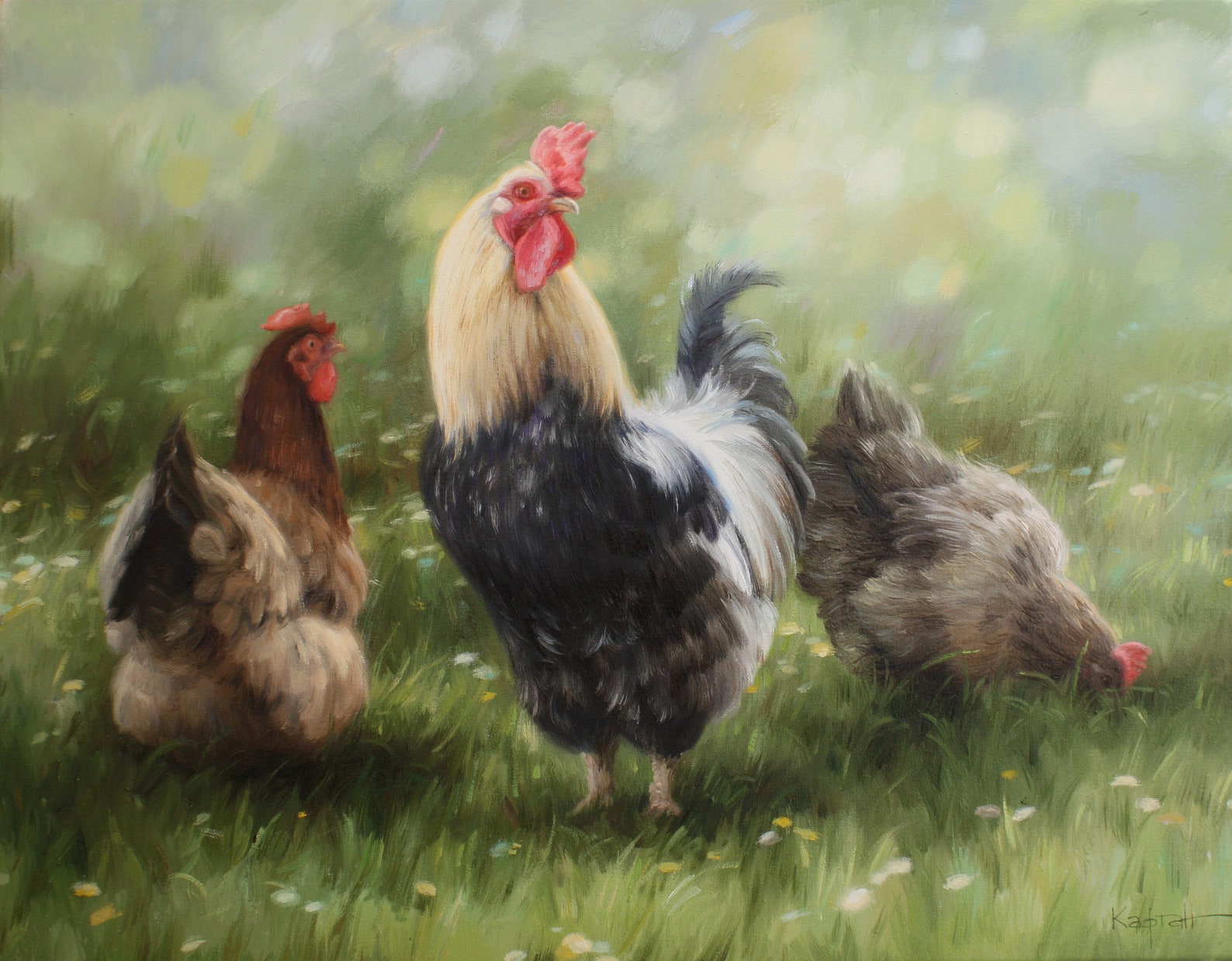 Cock and Hens Original Painting, Birds Near the Farm, Rural Yard Art ...