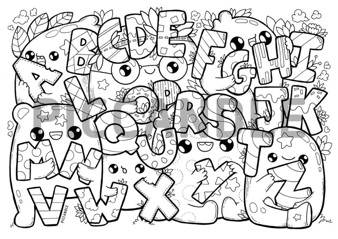 Alphabet Doodle Coloring Page Printable Cute/Kawaii Coloring | Etsy
