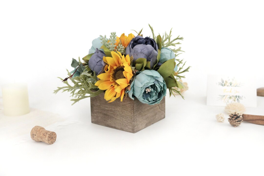 Summer Rustic Flower Arrangement: Artificial Sunflower Peony Blue Table ...