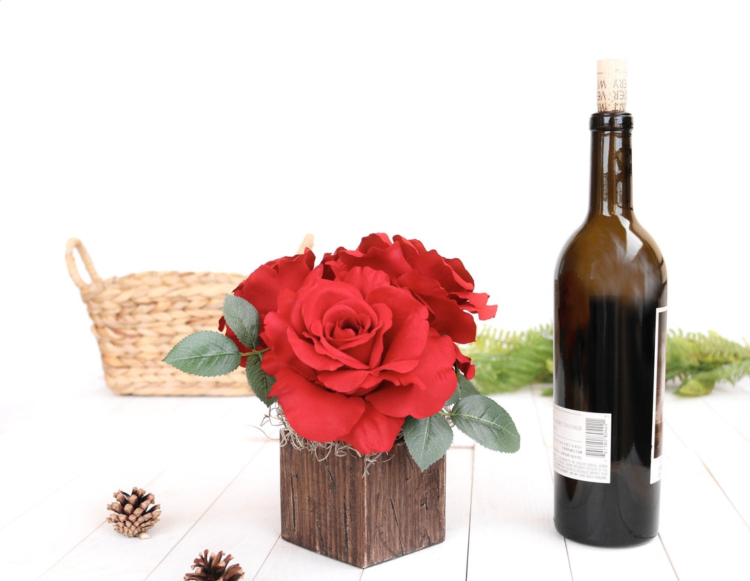 Rustic Arrangement Real Touch Red Roses Bouquet Handmade Wooden Planter ...