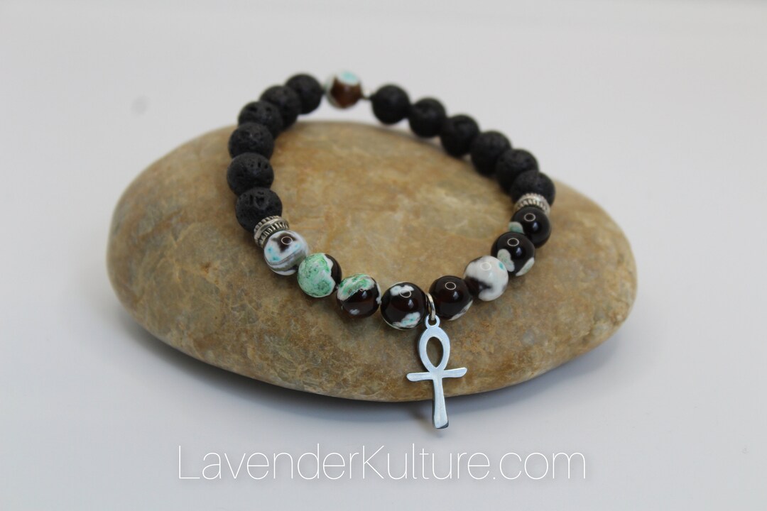 Green and Brown Fire Agate Ankh Charm Stretch Bracelet - Etsy