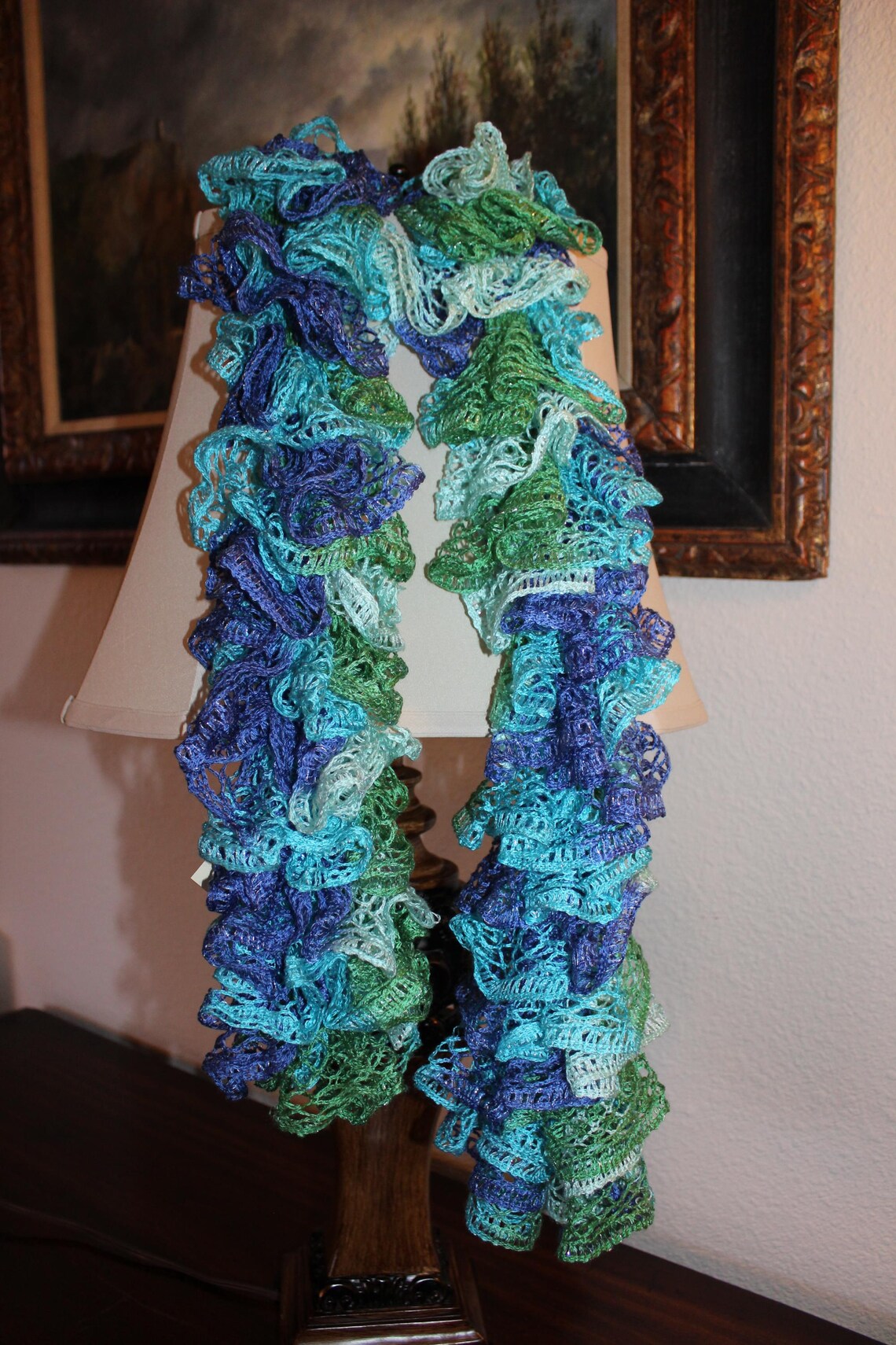 Hand Knitted Ruffle Scarf: Blue Green Acrylic Starbella Yarn - Etsy