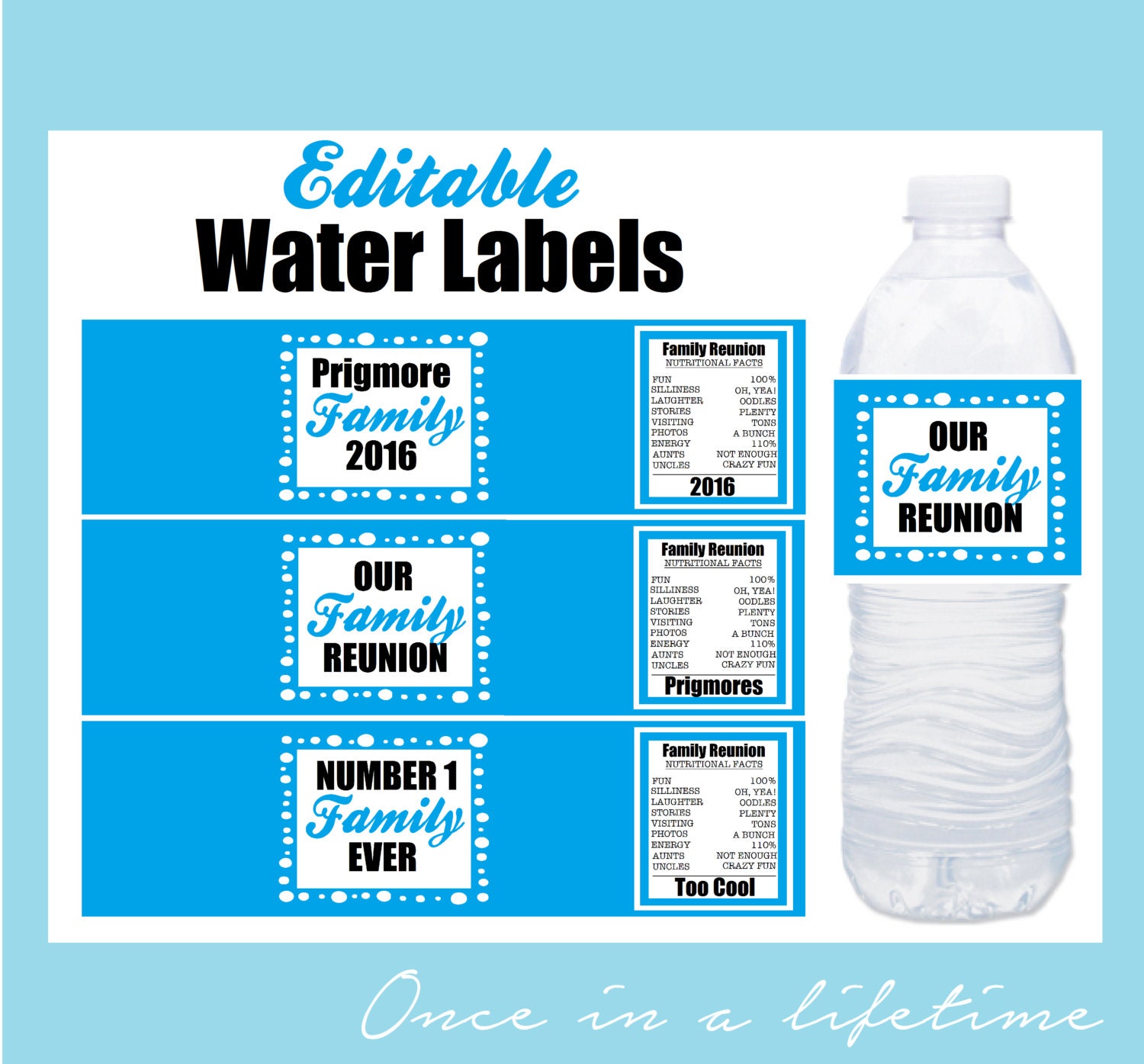 Family Reunion EDITABLE Water Bottle Labels BLUE PDF Instant Download ...