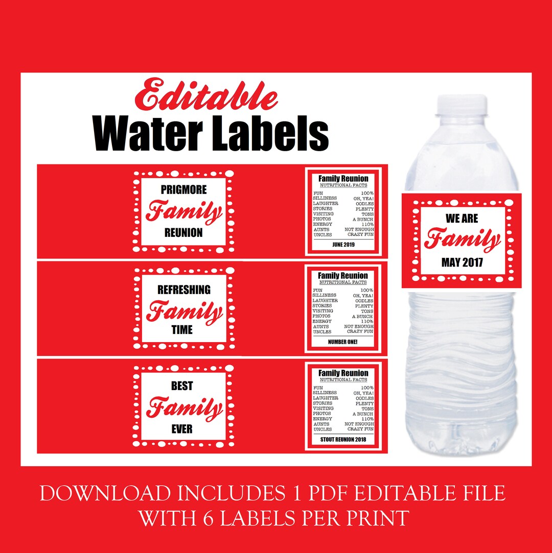 Family Reunion Diy EDITABLE Water Bottle Labels RED PDF Instant ...