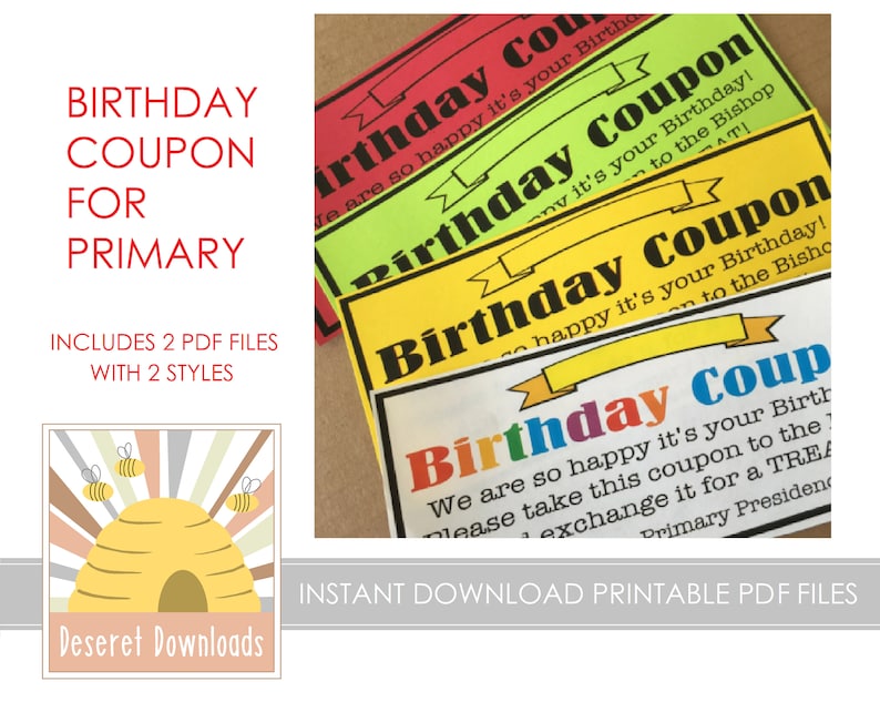 Digital Birthday Coupon Primary Sunday School Digital Download Pdf File ...