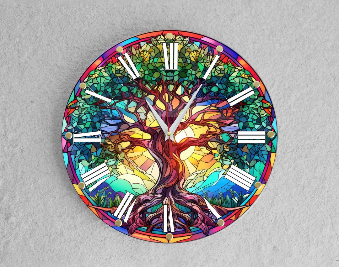 Tree of Life Wall Clock for Living Room, Stained Glass Design Wall ...