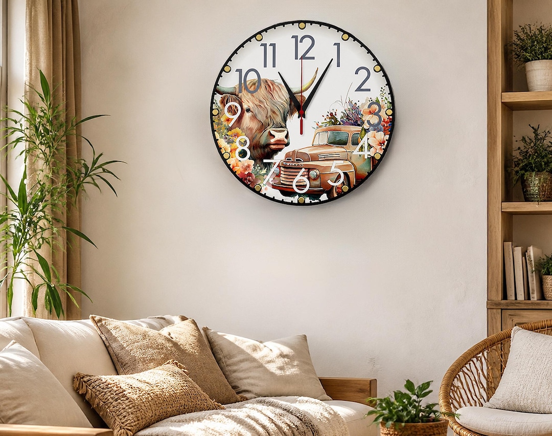 Highland Cow Flower Retro Acrylic Clock, Colorful Silent Farmhouse ...