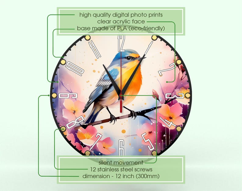 Titmouse Bird Wall Clock: Watercolor Art Print, Silent Acrylic Clock - Etsy
