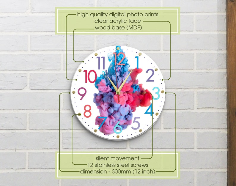 Colorful Smoke Wall Clock - 12 Inch Modern, Silent Clock With Numbers ...