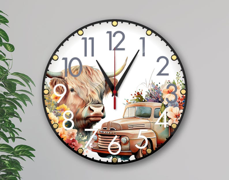 Highland Cow Flower Retro Acrylic Clock, Colorful Silent Farmhouse ...