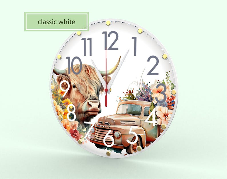Highland Cow Flower Retro Acrylic Clock, Colorful Silent Farmhouse ...