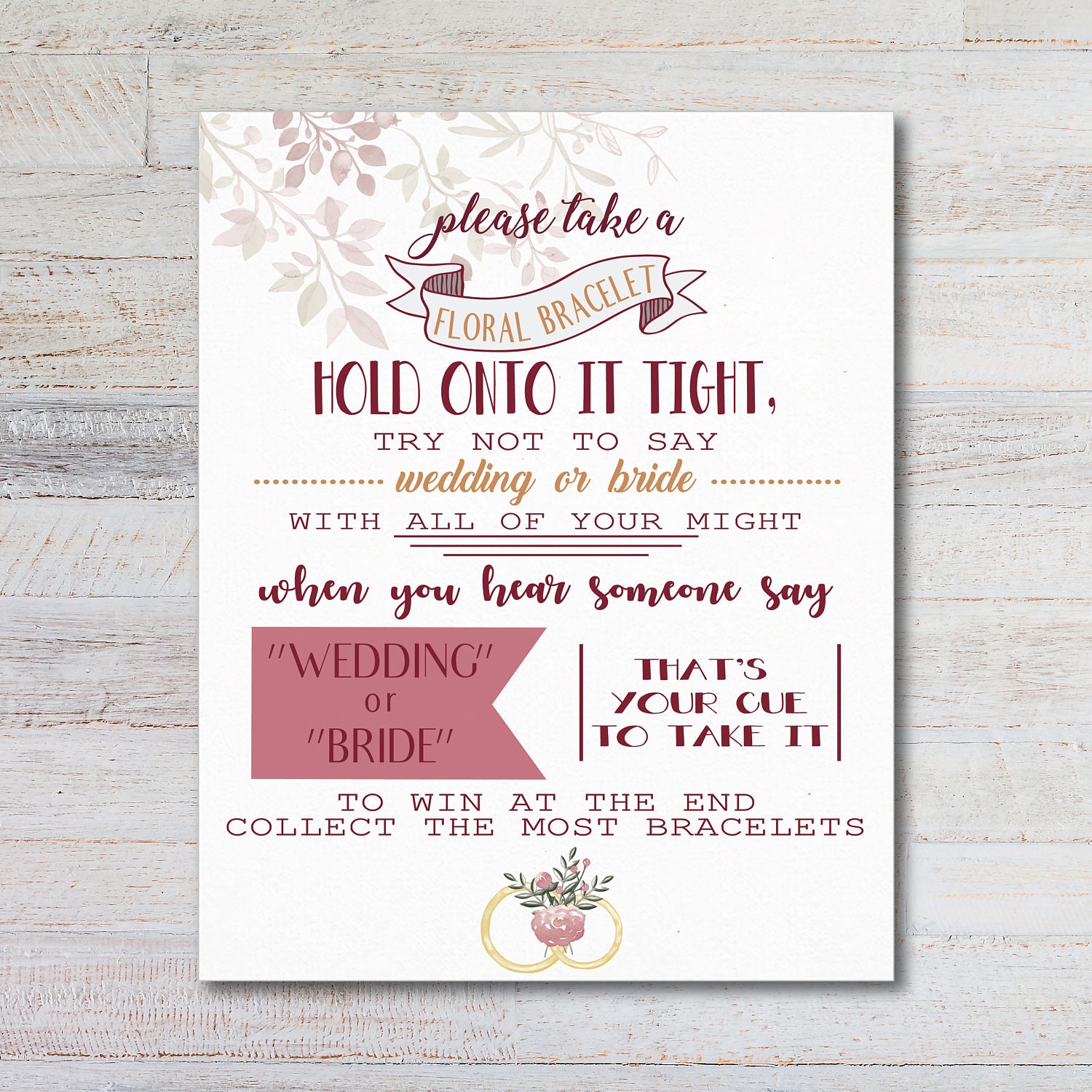 Bridal Shower Game Sign, Grab a Bracelet Don't Say Printable | Pink ...