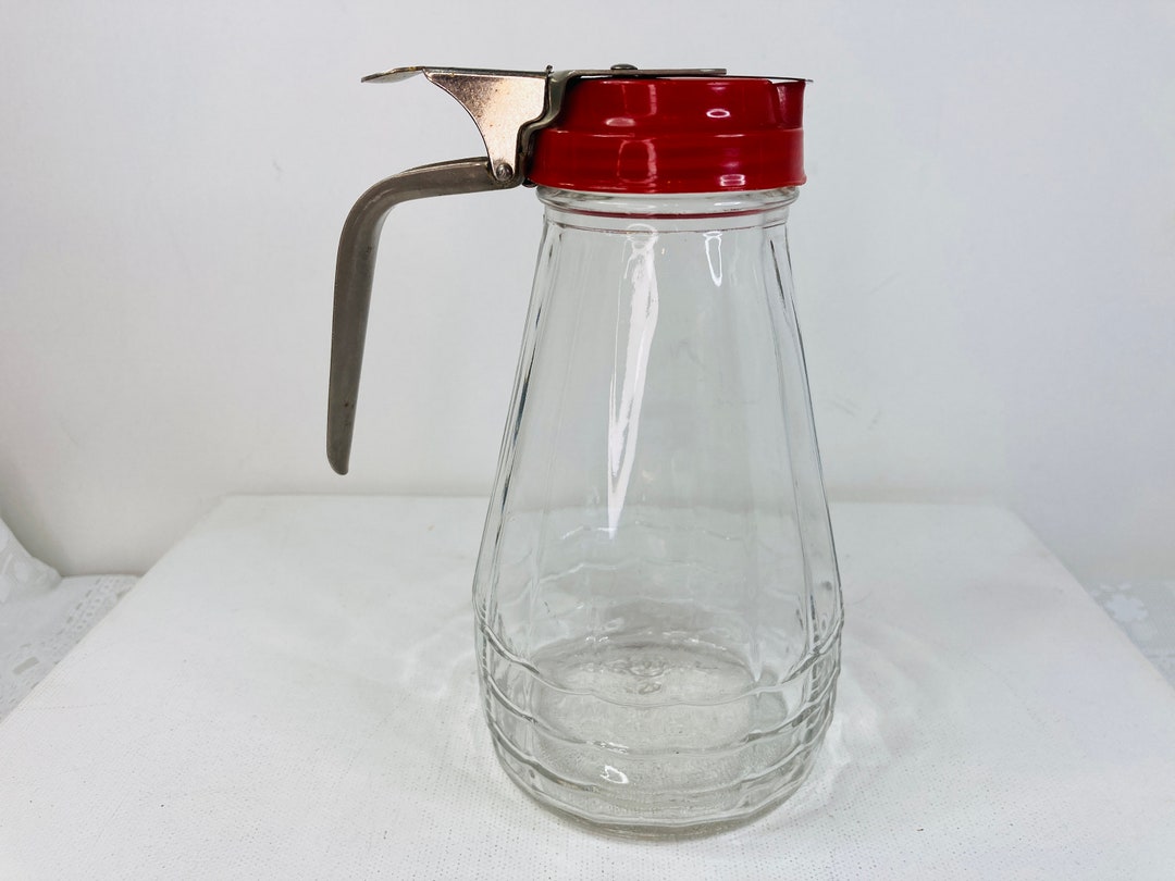 1930's Glass Syrup Pitcher, Red Top Glass Syrup Pitcher, Clear Ribbed ...