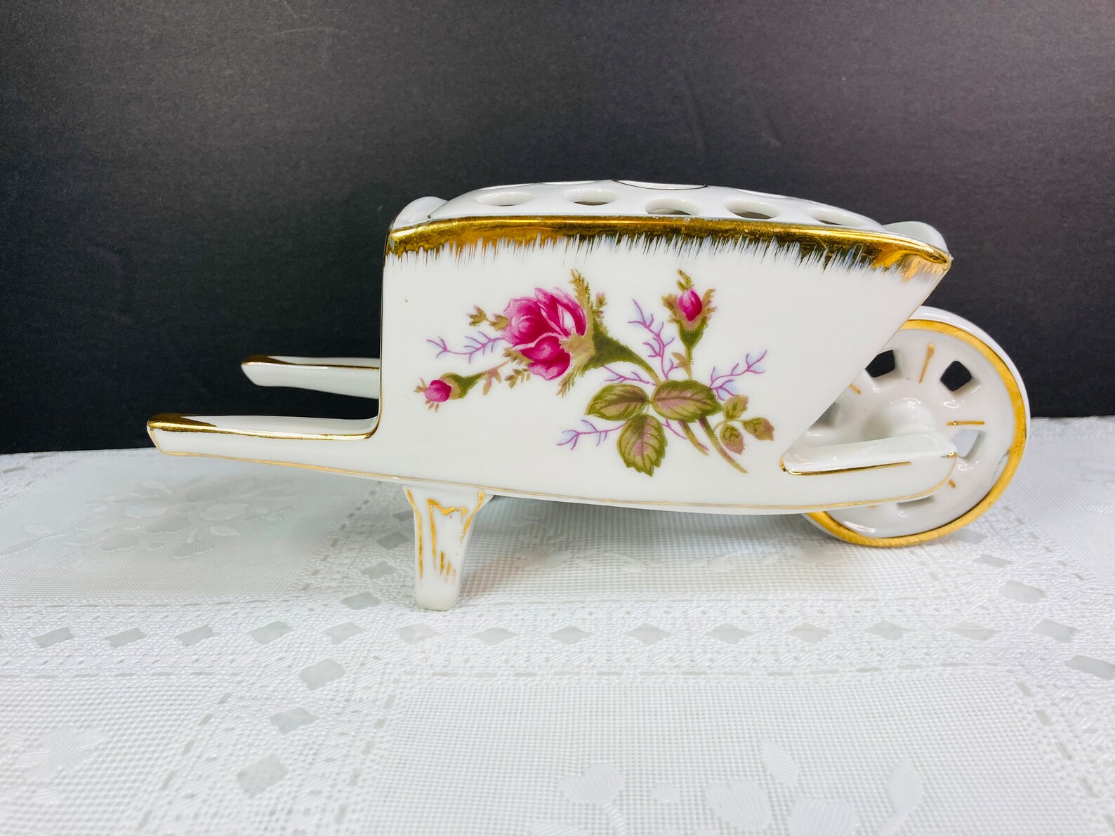 Moss Rose Ceramic Wheelbarrow Flower Frog Moss Rose Ceramic - Etsy