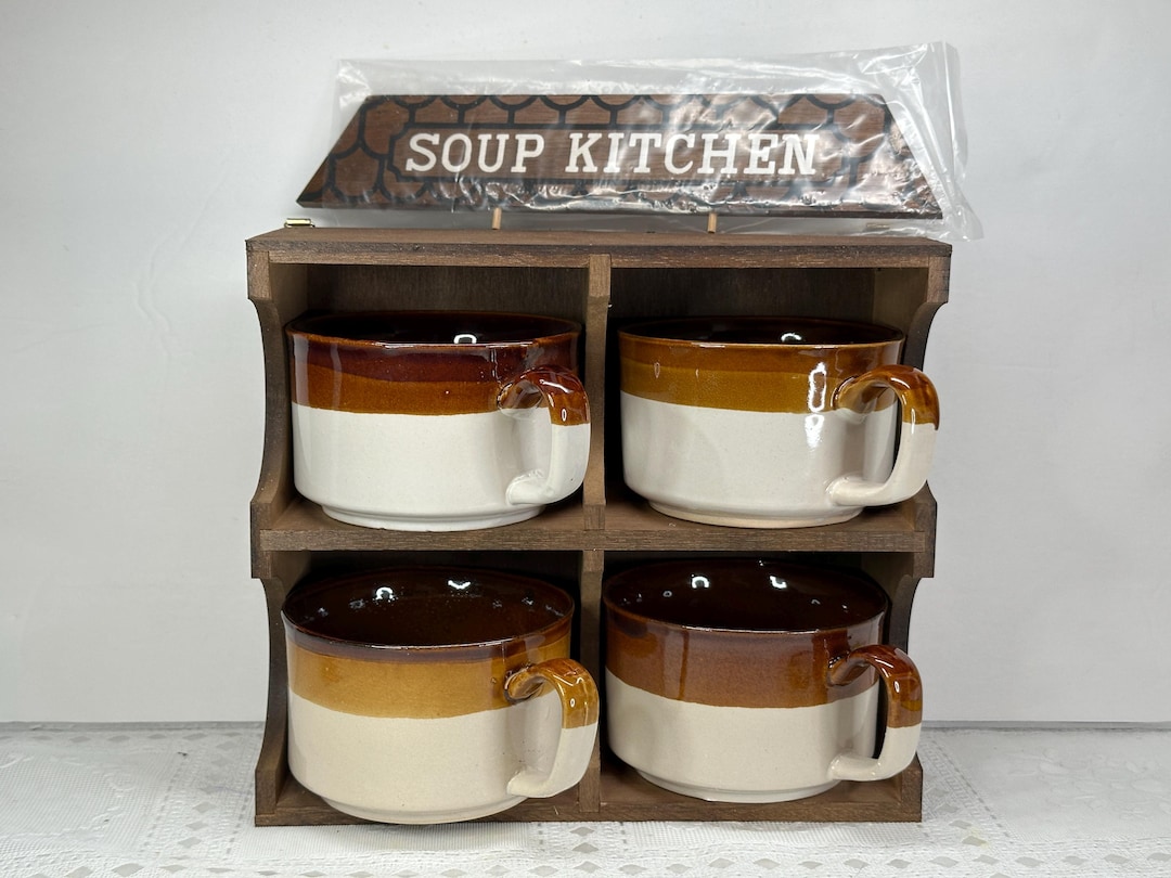 Soup Mugs With Wooden Rack, Kitchen Soup Mugs With Rack, Stoneware Soup ...