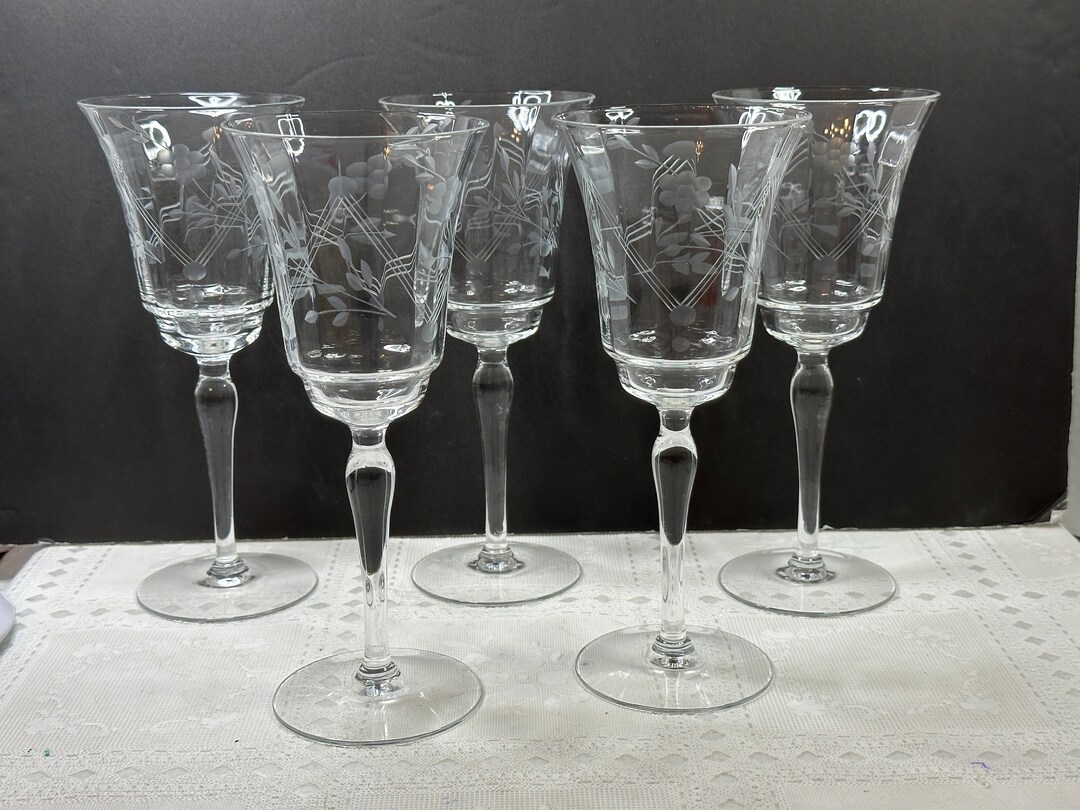 Etched Floral Long Stemmed Wine/water Glasses, Floral Etched Optic ...