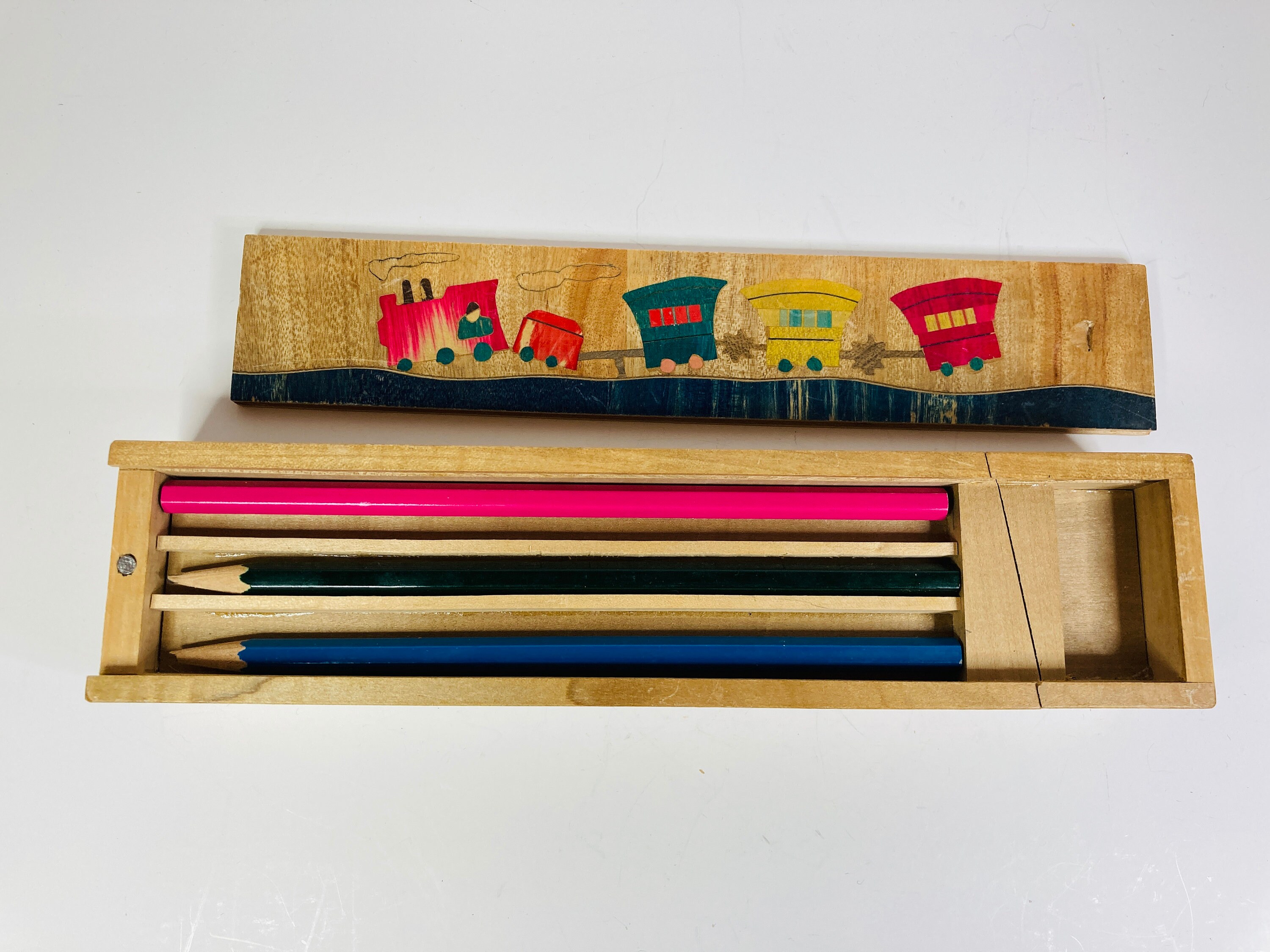 Wood Train Decorated School Pencil Box Case Wood Two Level | Etsy