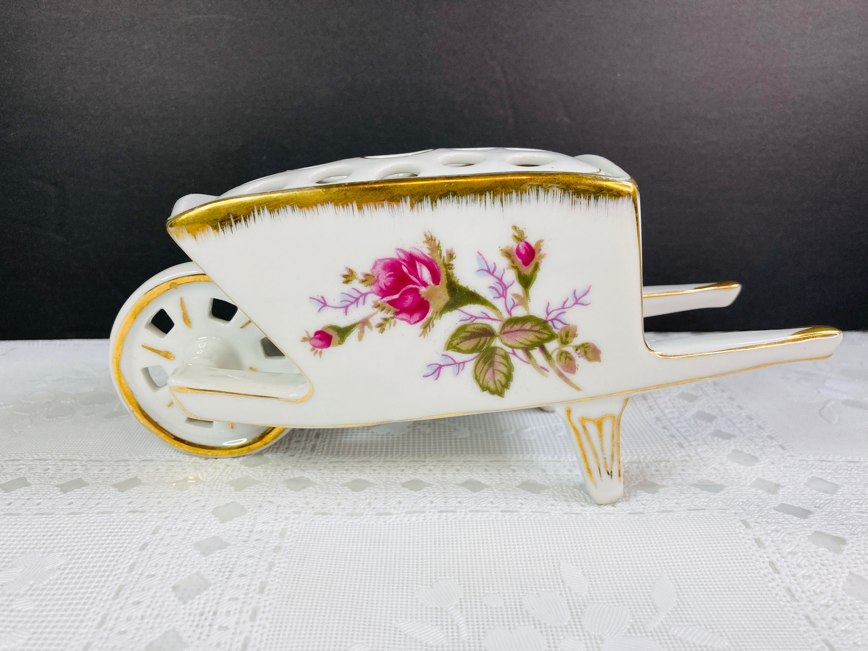 Moss Rose Ceramic Wheelbarrow Flower Frog Moss Rose Ceramic - Etsy