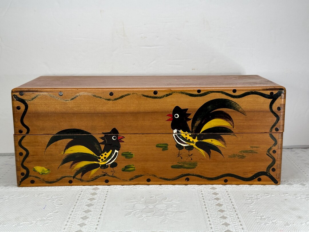Woodpecker Wood Ware Large Box, Hand Decorated Rooster Wood Box ...
