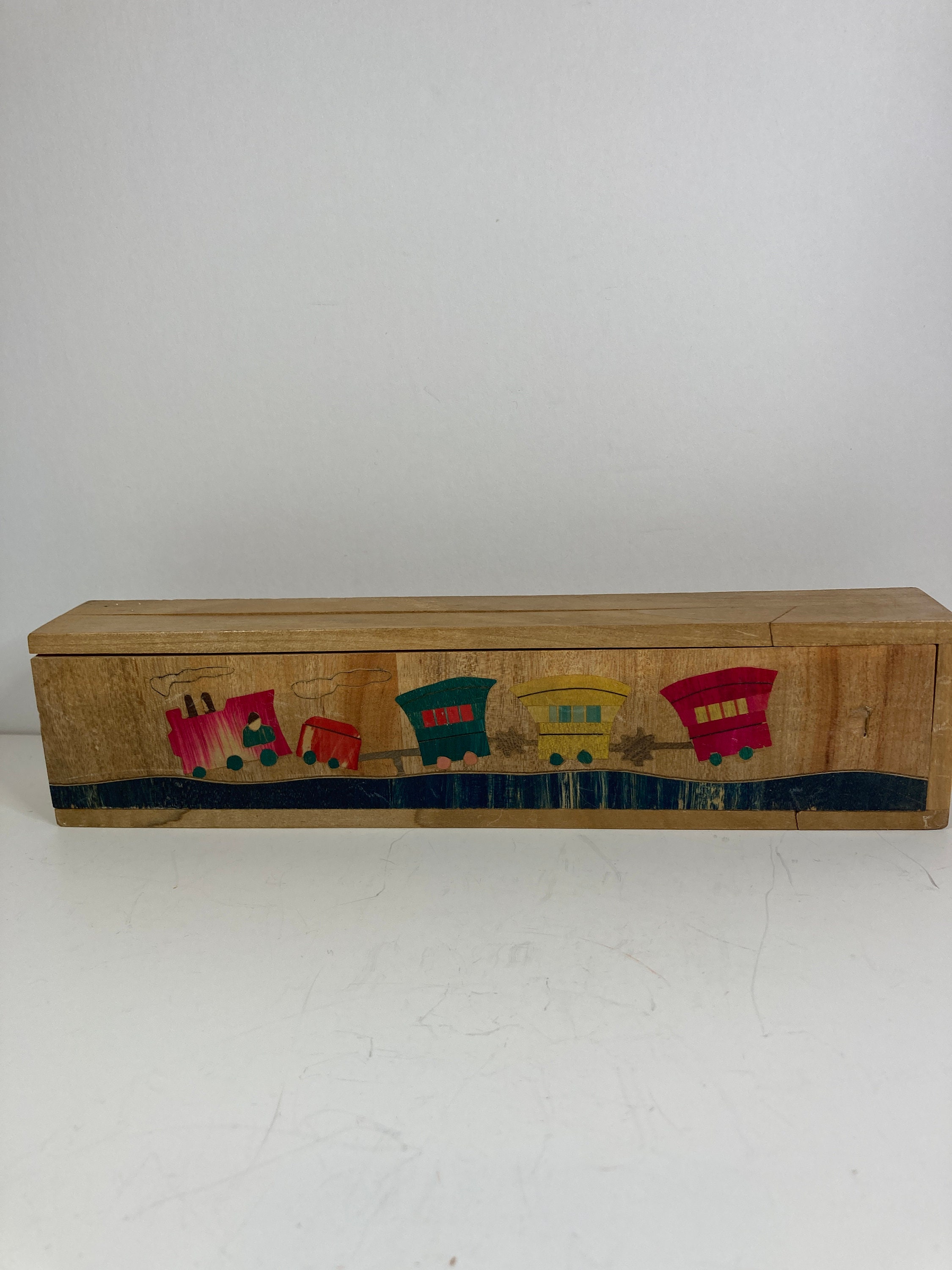 Wood Train Decorated School Pencil Box Case Wood Two Level | Etsy