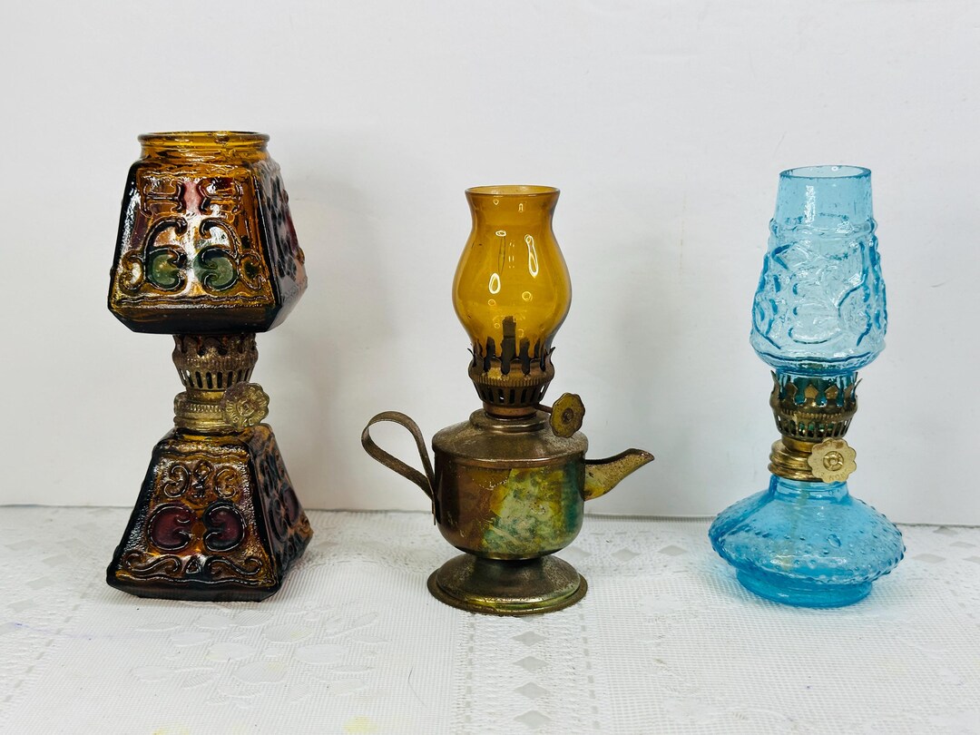 Miniature Oil Lamp, Mini Stained Glass Oil Lamp, Mini Brass Teapot Oil ...