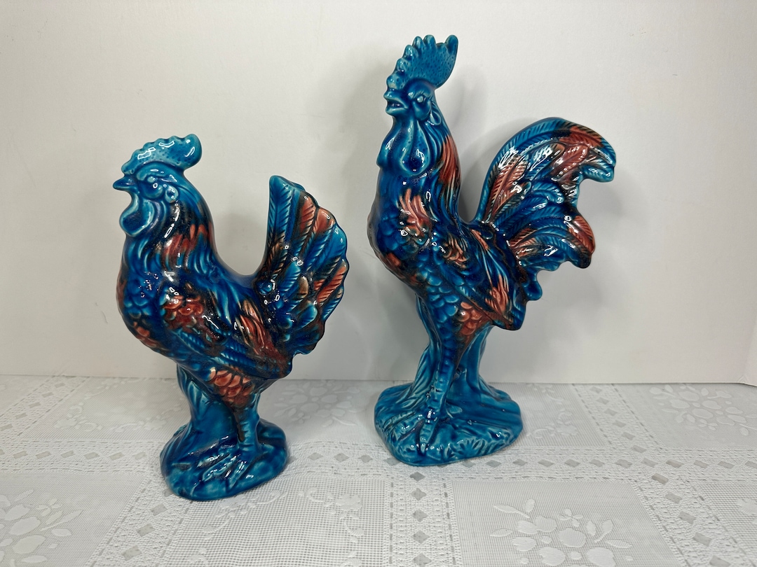 Blue and Orange Rooster Hen Set, Blue Orange Chicken Set, Ceramic Blue ...