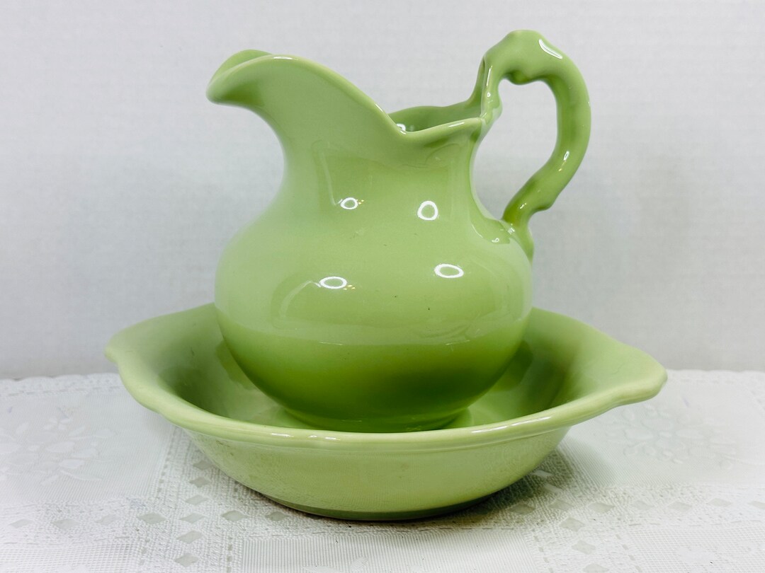 Small Green Ceramic Bowl and Pitcher, Small Ceramic Bowl and Basin ...