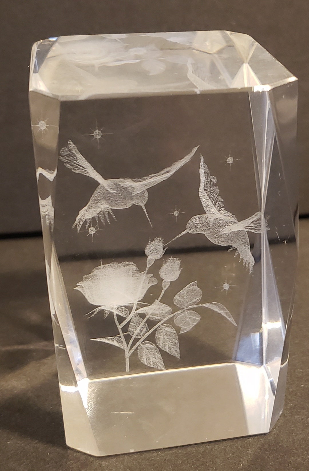 Vintage Glass Paperweight With 3D Hummingbirds Feeding on Flowers Image ...
