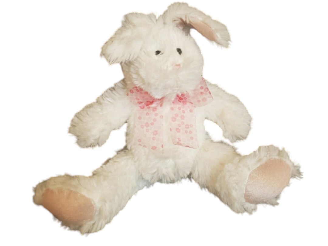White Bunny Plush Stuffed Animal With Pink Ears Feet Nose and Bow ...