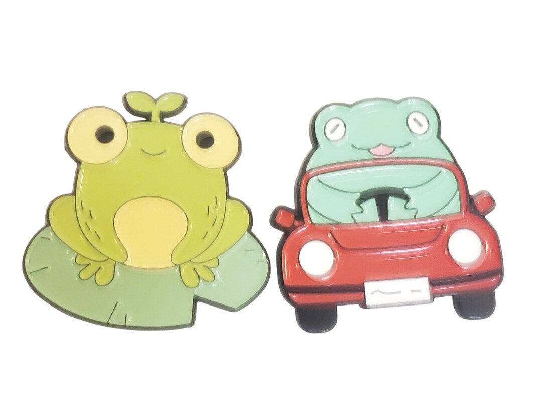 Set of 2 Frog Pins Driving in Car and Sitting on Lily Pad Funny Frogs ...