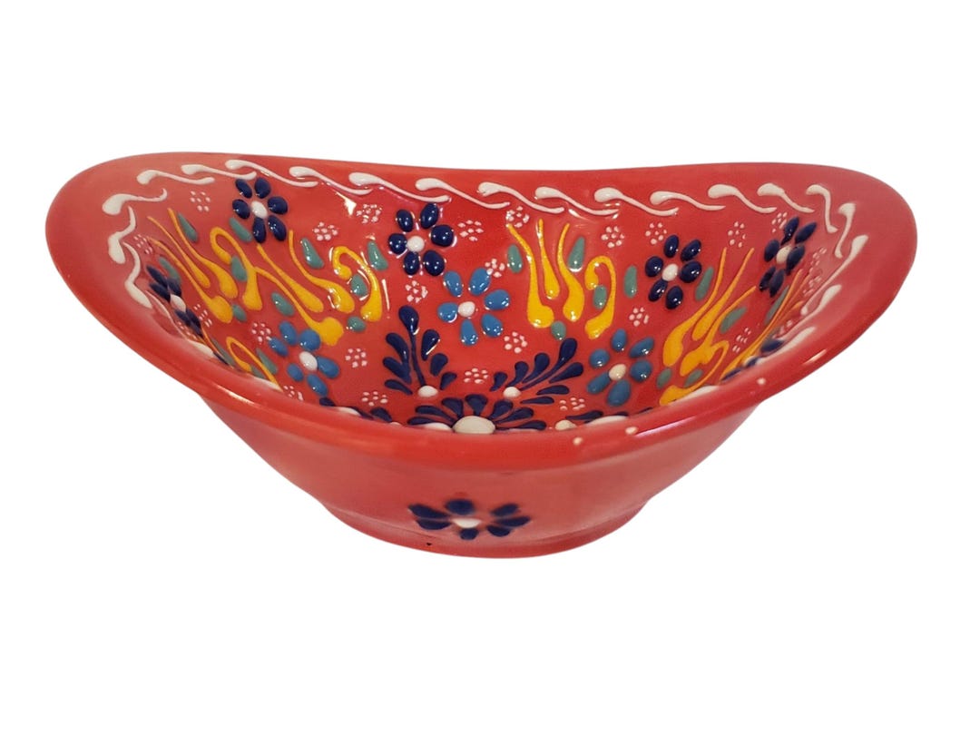 Red Turkish Pottery Raised Design Dipping Bowl Trinket Dish Handpainted ...