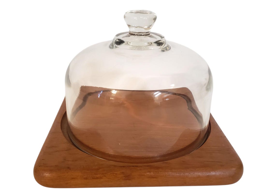 Teak Wood Square Cheese Cloche Charcuterie Glass Dome Vintage Goodwood ...