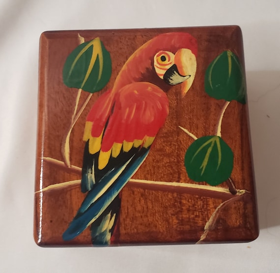 Small Hand painted square colorful wooden box with pa… - Gem