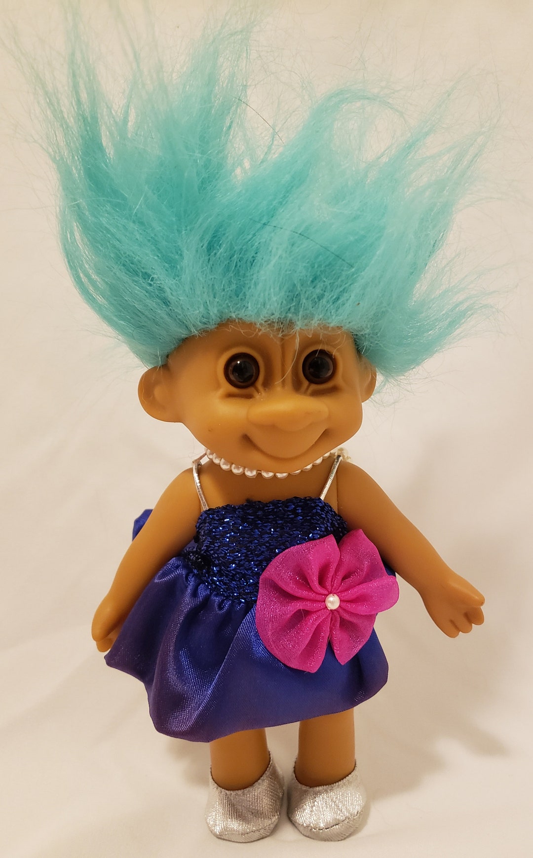 Russ Troll With Blue Hair and Blue Sparkly Dress With Pink Flower ...