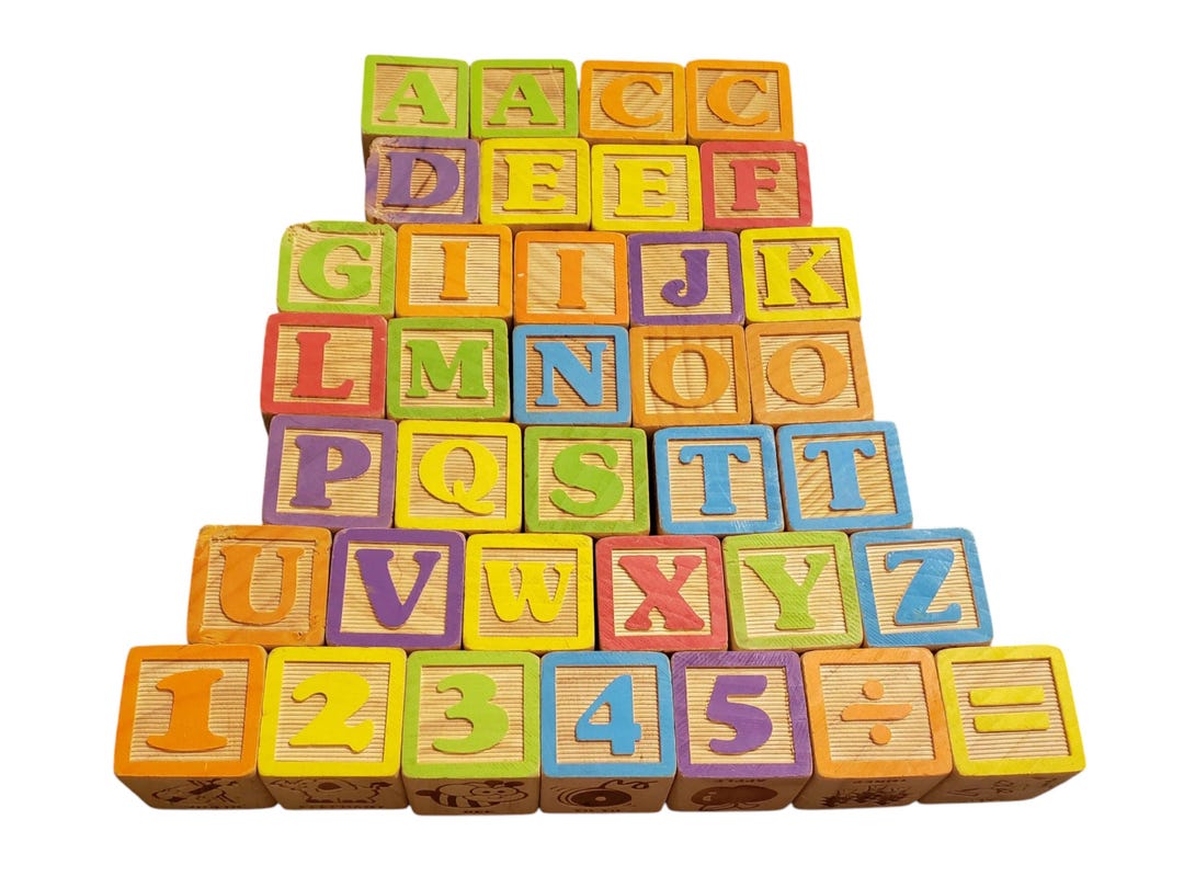 Set of 36 Wooden Alphabet and Number Blocks (missing Letters B H R) and ...
