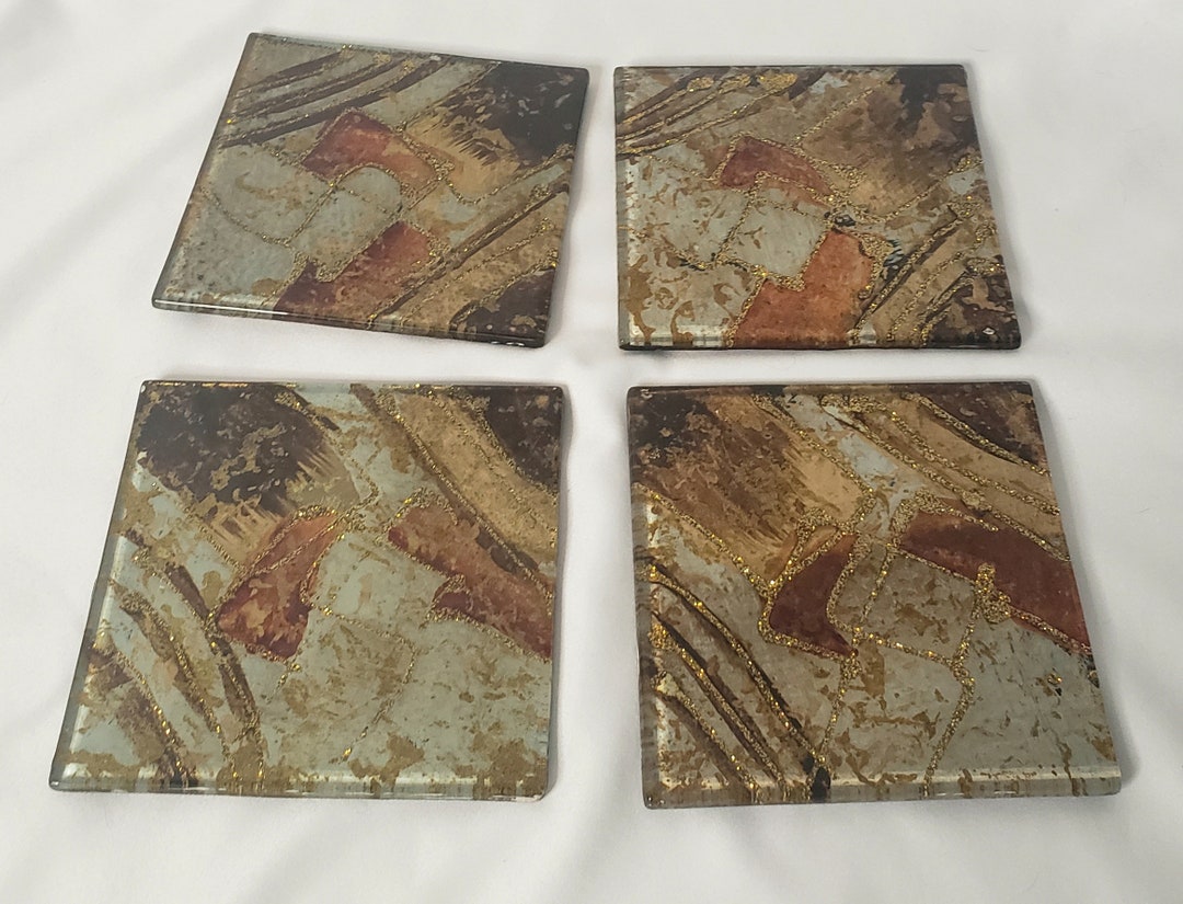 Set of 4 Square Glass Coasters Marble Look Brown Rust Gold With Glitter ...