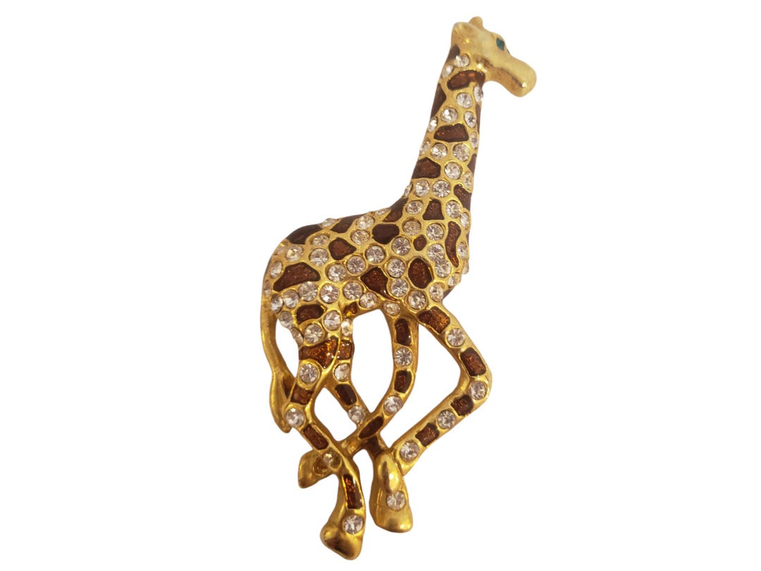 Gold Toned Giraffe Pin With Brown Enamel Paint Clear Rhinestones and ...