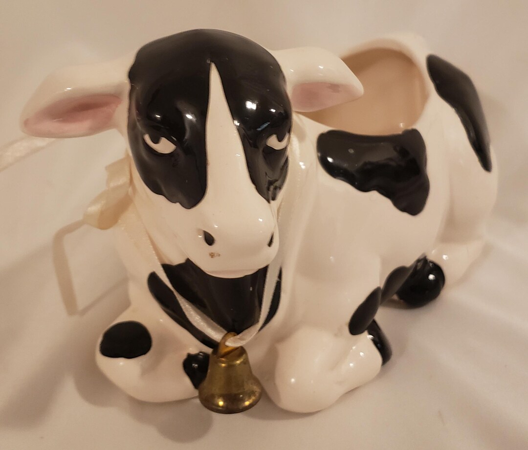 Cow Planter Black and White With Bell Holland Floral 1990 Ceramic ...