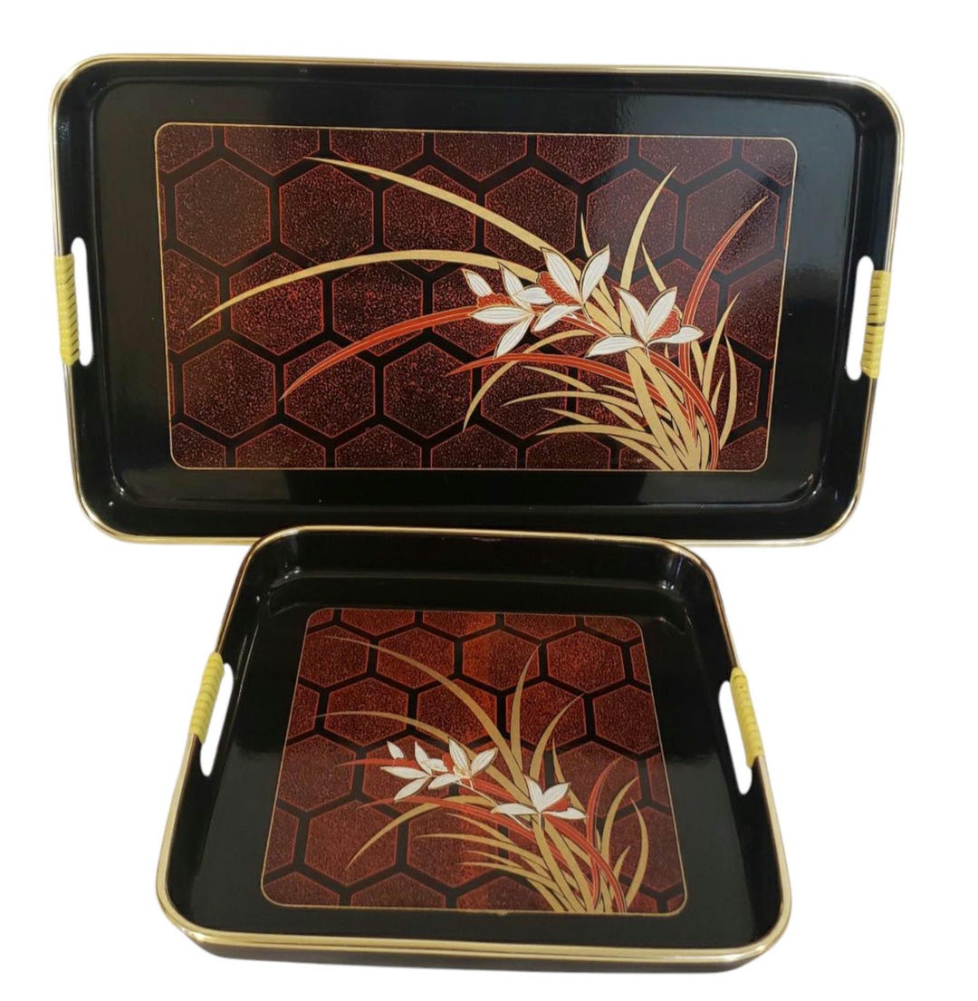 Japanese Floral Tray Set of 2 Floral Black and Red Asian Decorative ...